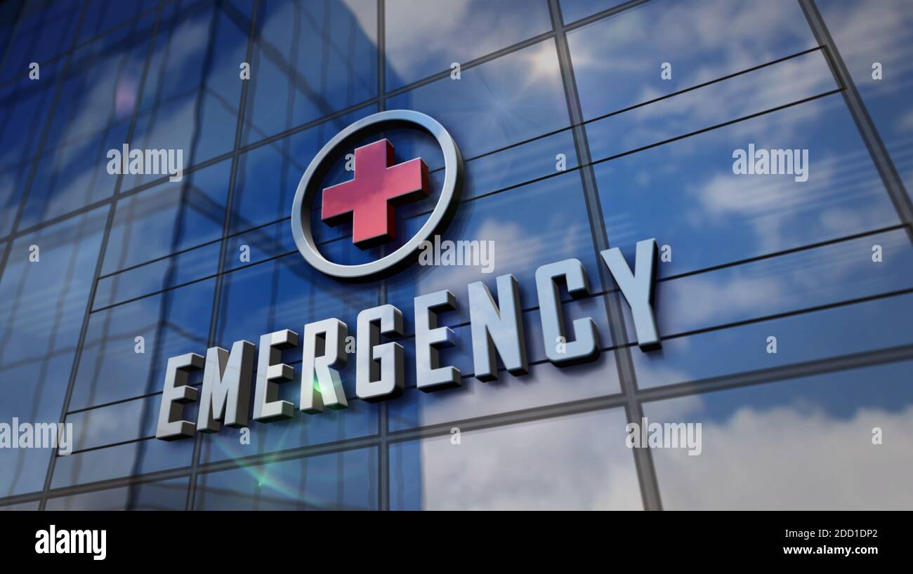 Emergency and hospital on glass building. Mirrored sky and city modern ...