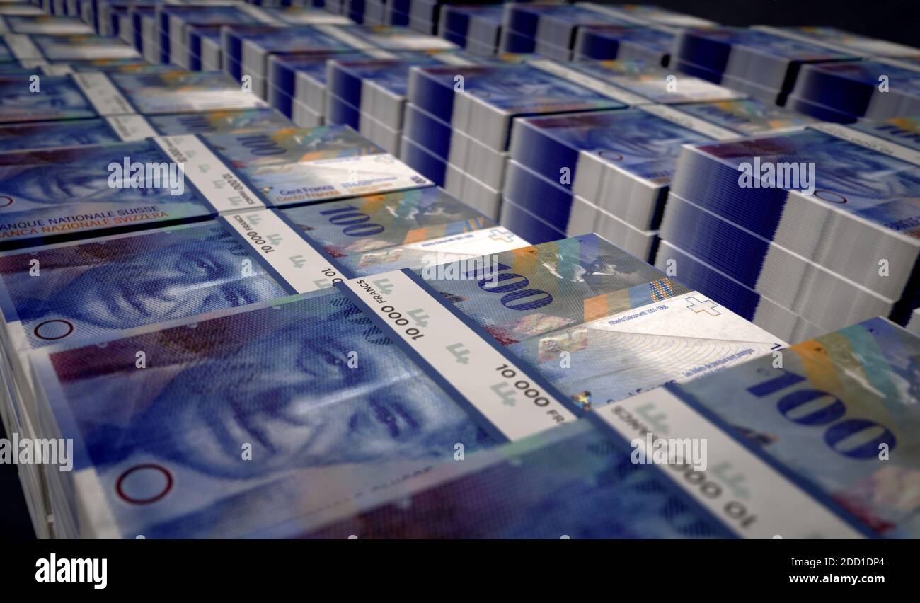 Swiss Franc, money pack 3d illustration. Switzerland 100 CHF banknote ...