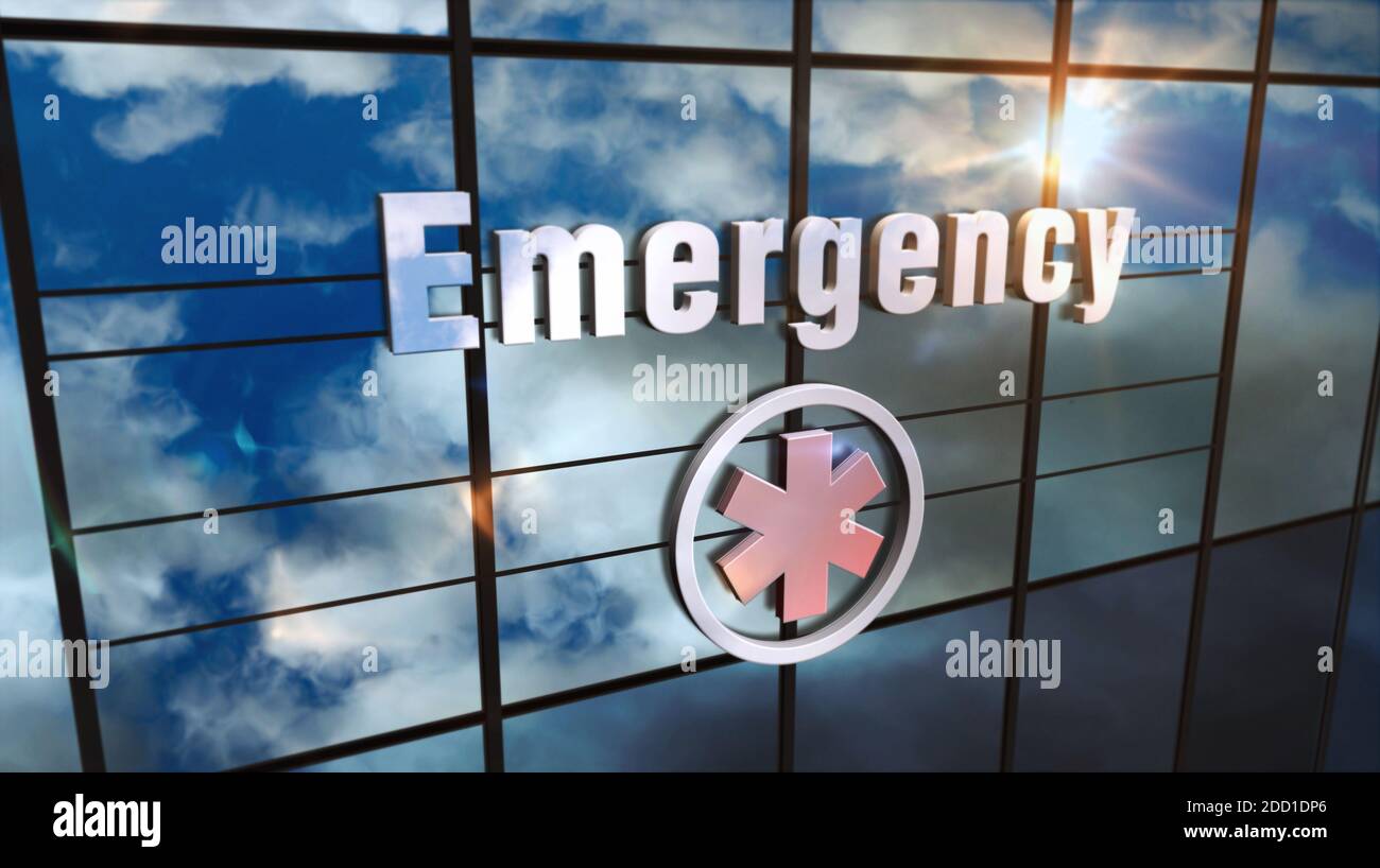 Emergency and hospital on glass building. Mirrored sky and city modern ...