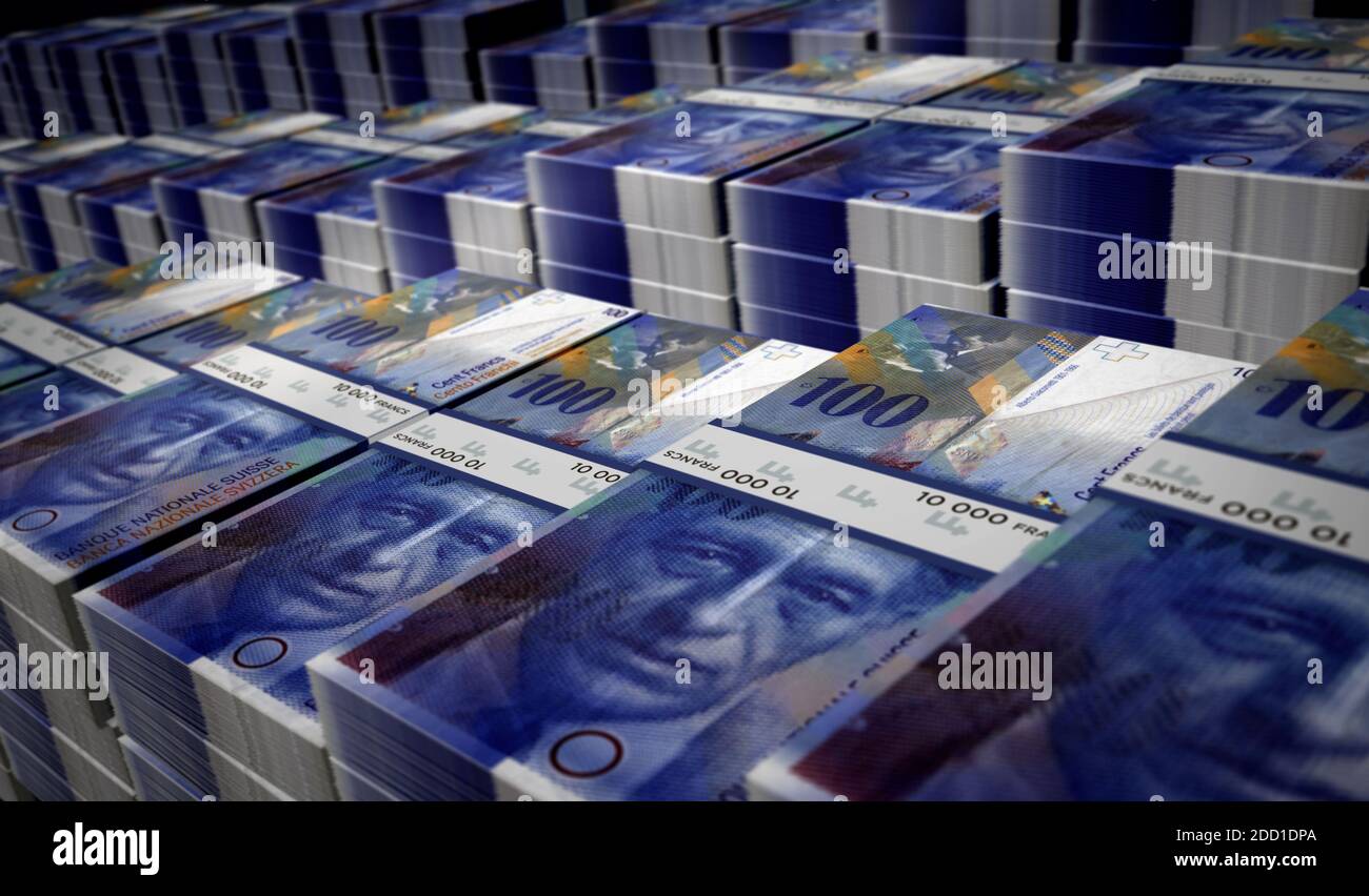 Swiss Franc, money pack 3d illustration. Switzerland 100 CHF banknote ...