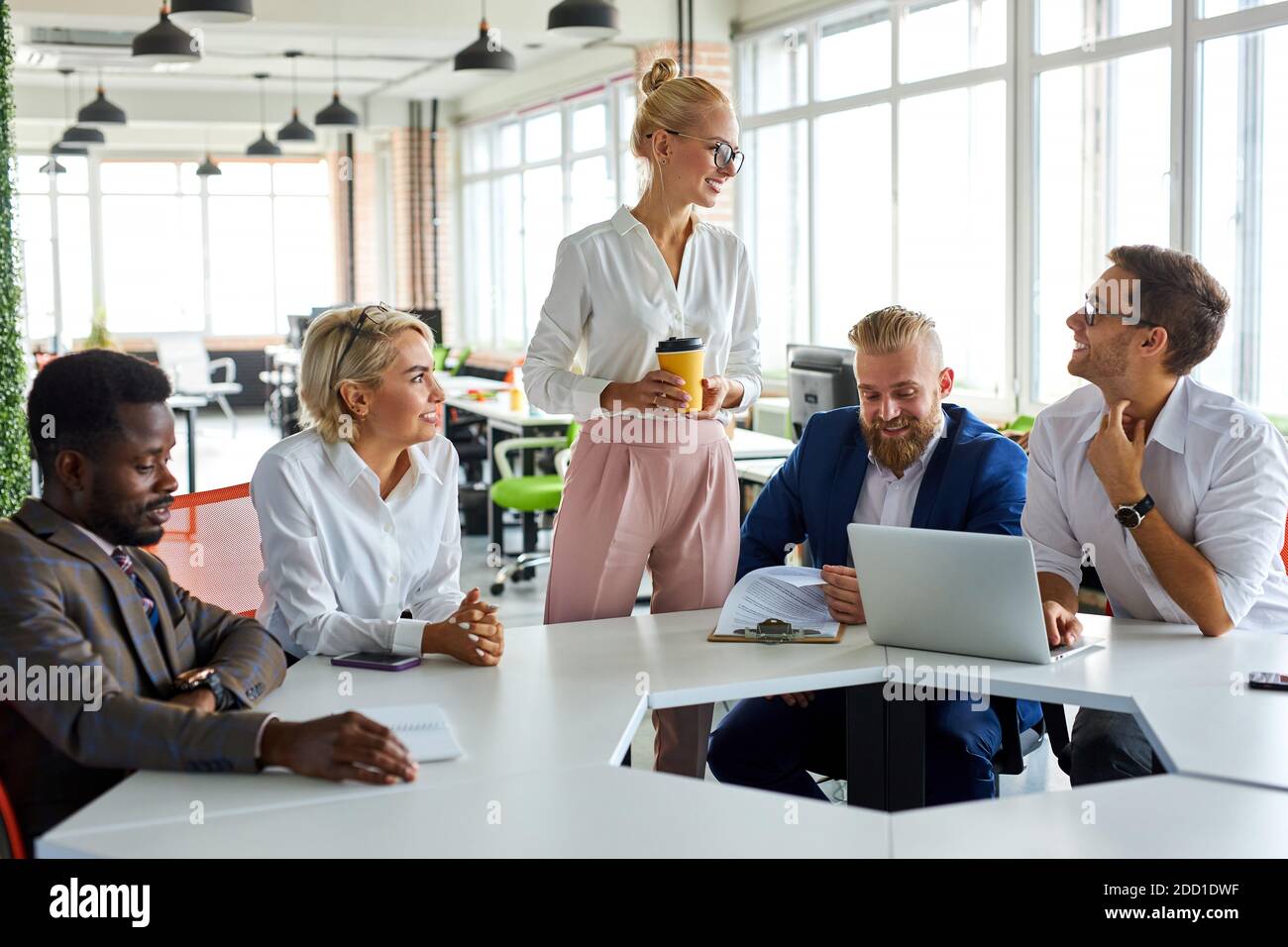 good-looking pleasant female boss executive discuss business ideas with ...