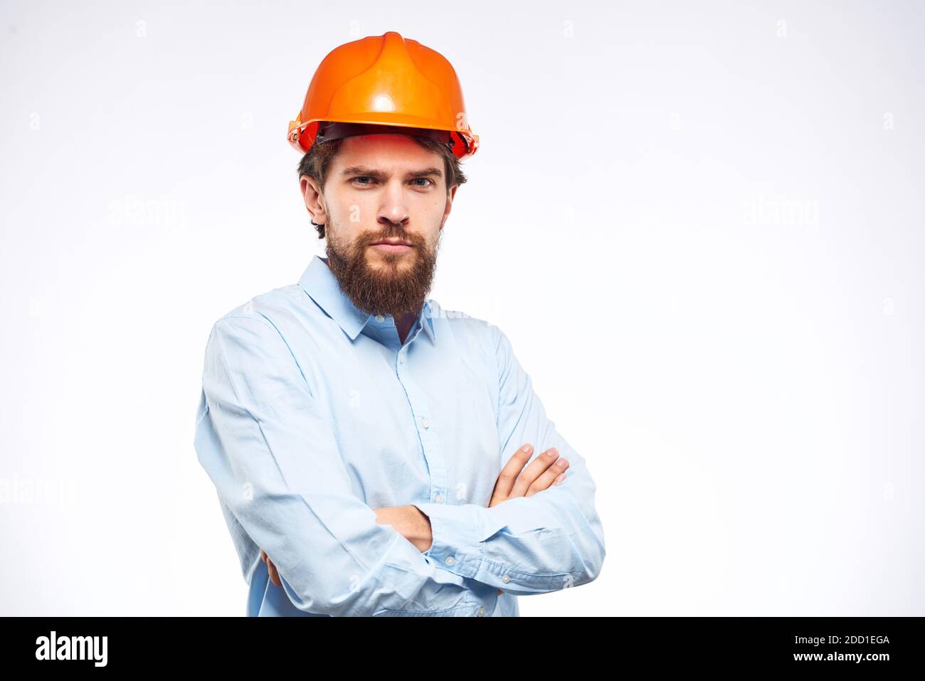 Worker man in orange paint engineer emotions industry construction ...