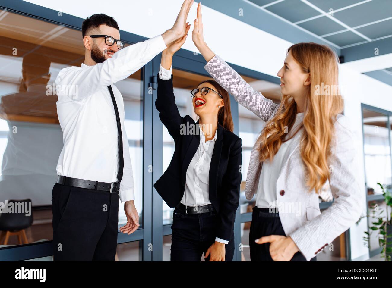successful business team celebrating a victory by folding their hands ...
