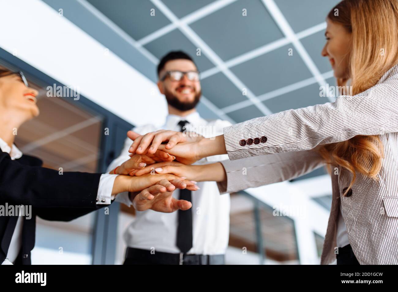 Happy successful business team celebrating a victory by folding their ...