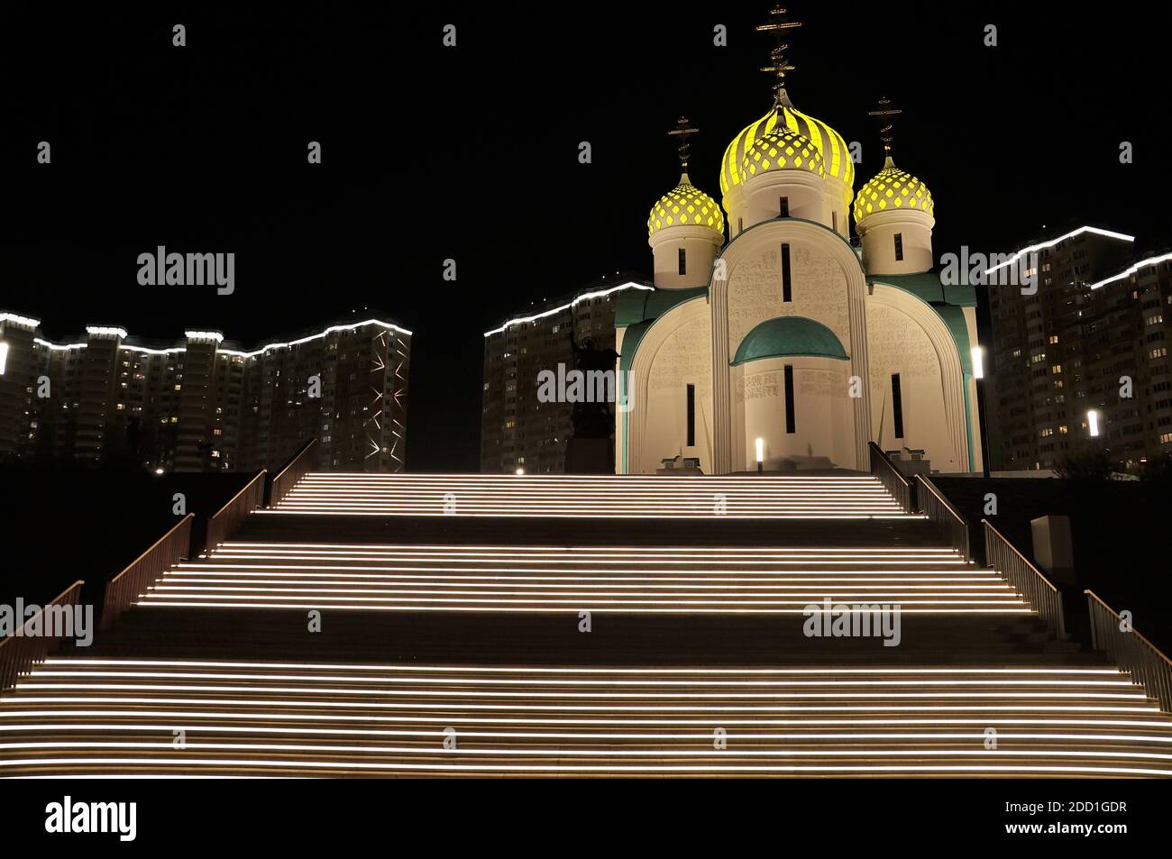 night view of the glowing staircase leading to the temple Stock Photo ...