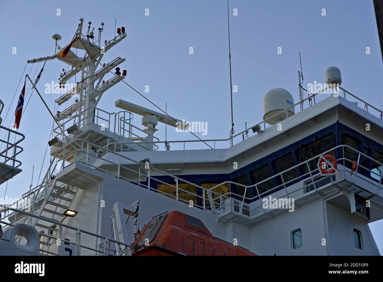 Oslo, Norway - Aug. 29th 2020: The bridge with a lifeboat, antennas and ...