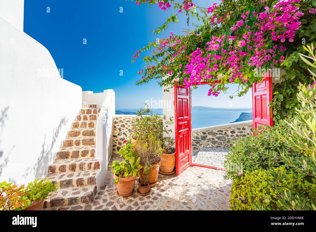 Fantastic travel background, Santorini urban landscape. Red door or ...