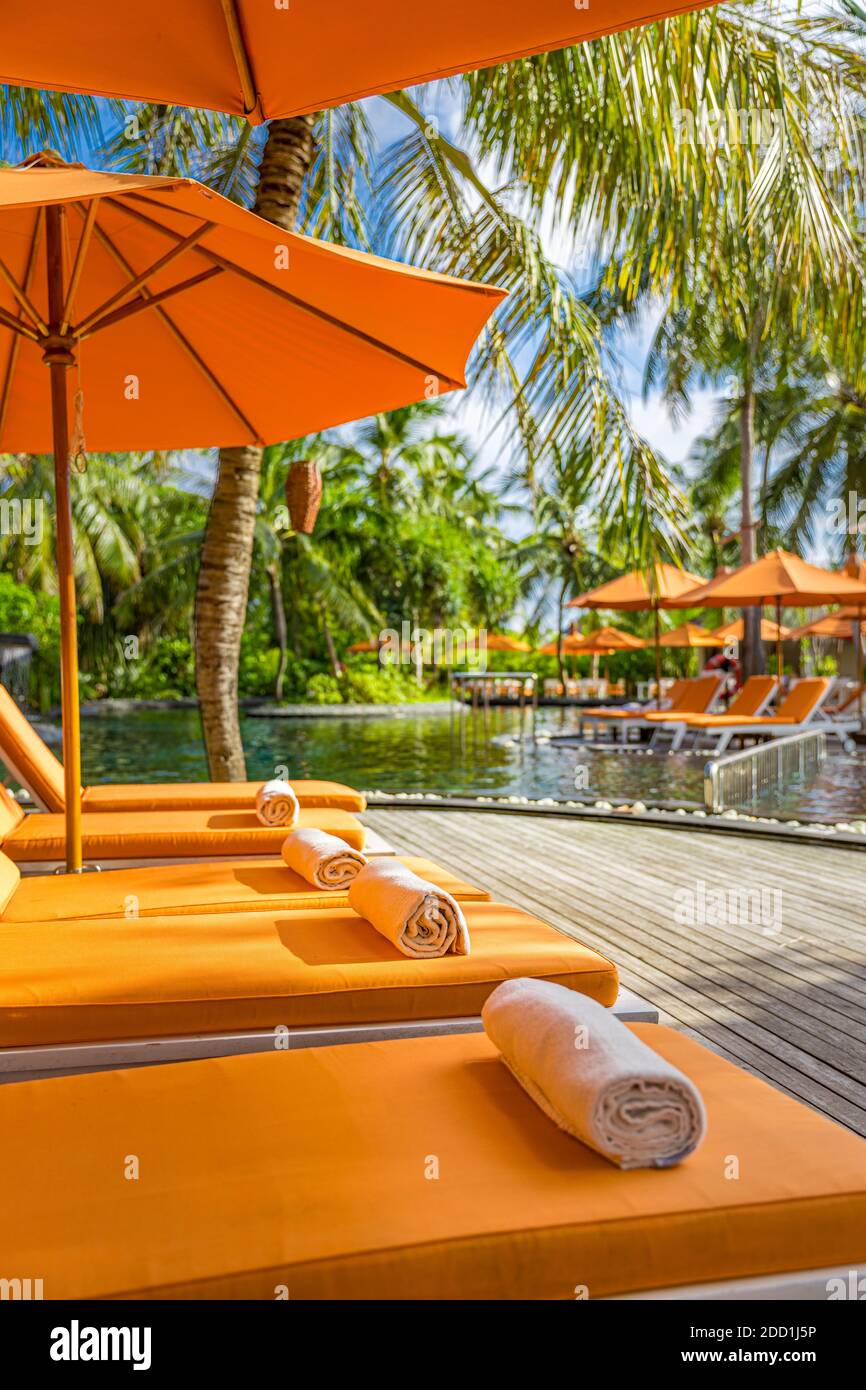 Luxurious resort, tropical poolside, infinity swimming pool with orange ...