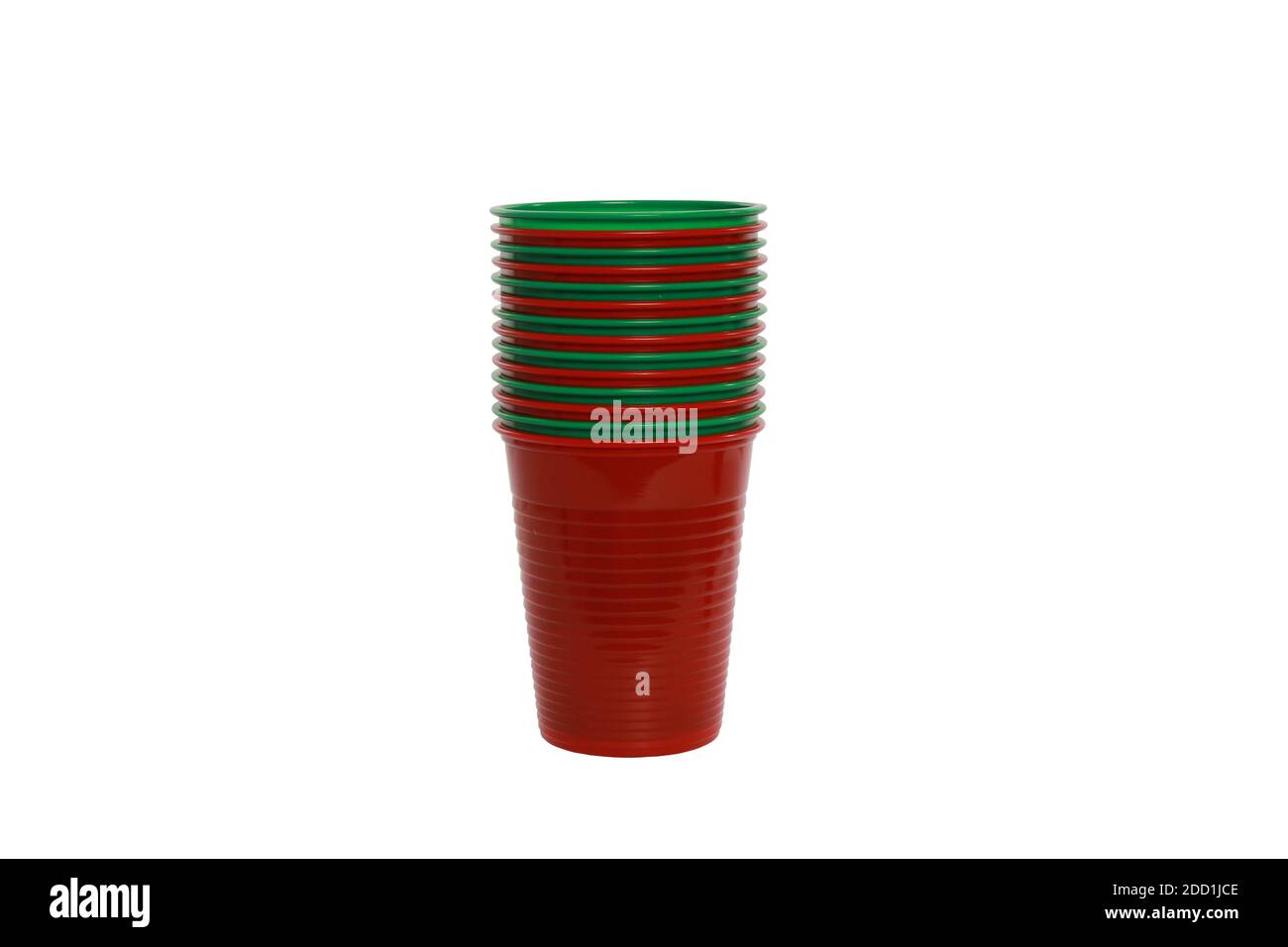 A stack of red and green plastic cups isolated on a white background ...