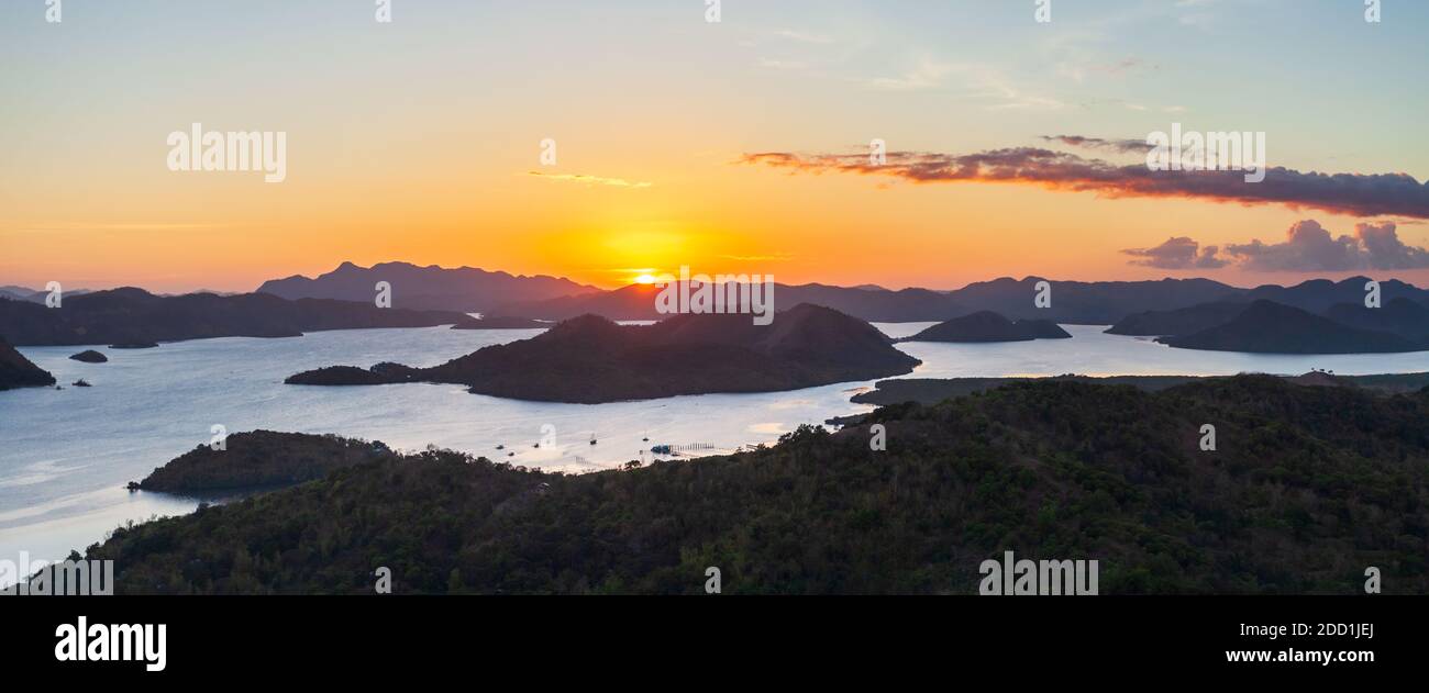 Coron town aerial panoramic view at sunset, Busuanga island in Palawan ...