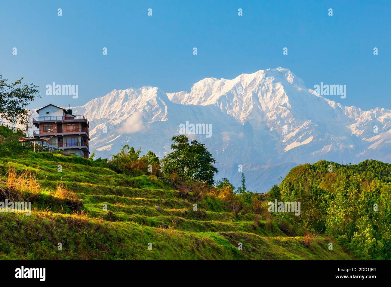 Local house and Annapurna massif view from Sarangkot hill viewpoint in ...