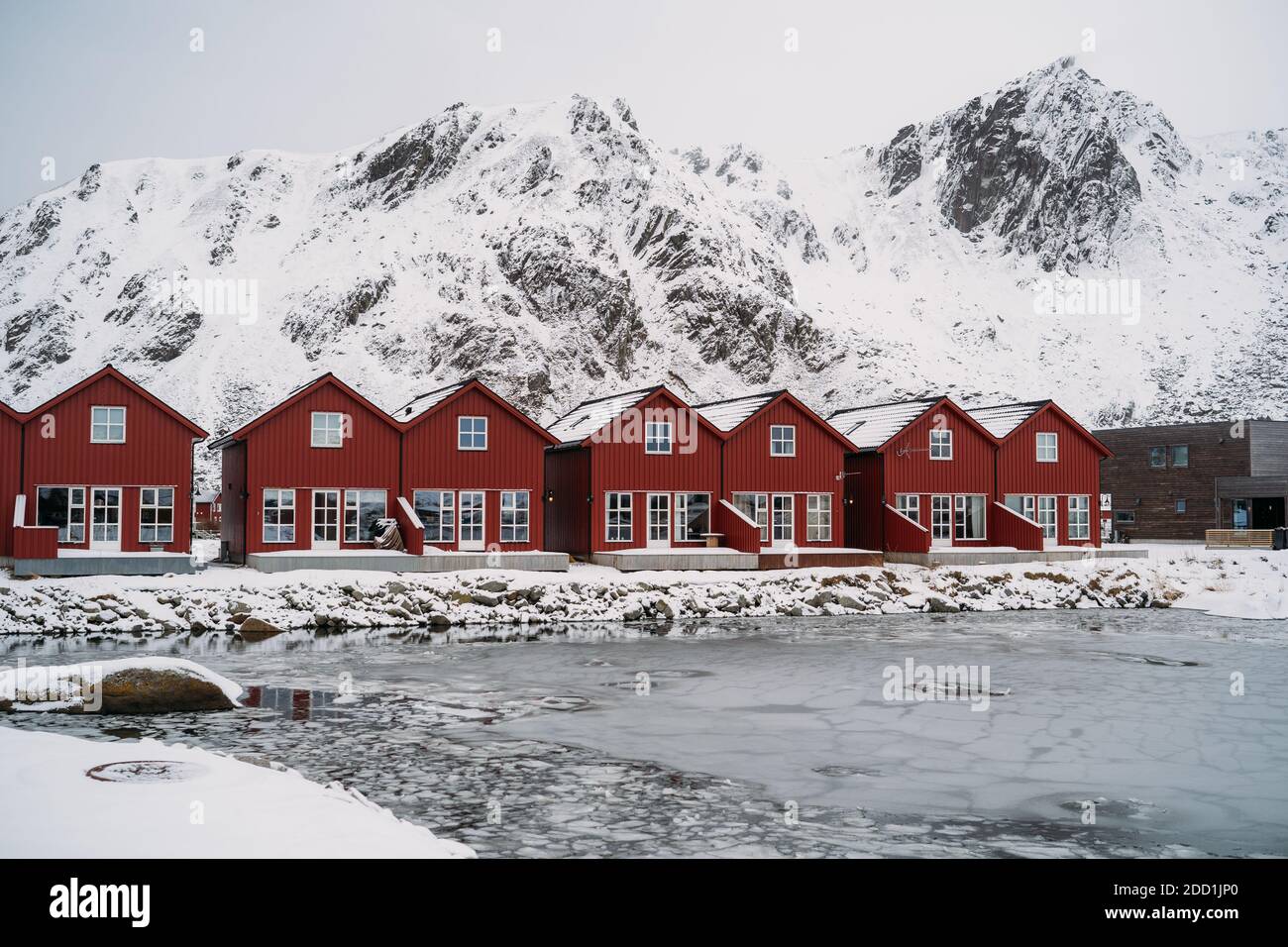 Traditional Norwegian fisherman's cabins, red rorbuer, Hamnoy, Lofoten ...