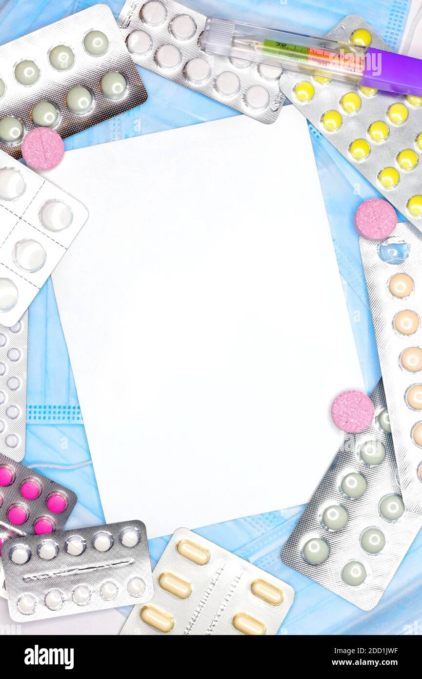 Vertical medical layout with colored pills and copyspace Stock Photo ...