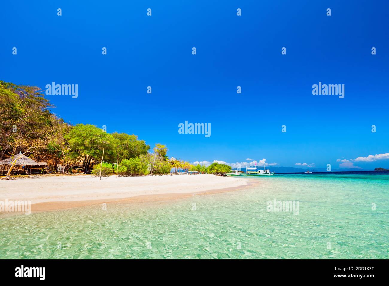 Beach with yellow sand, coconut palms and turquoise water in Busuanga ...
