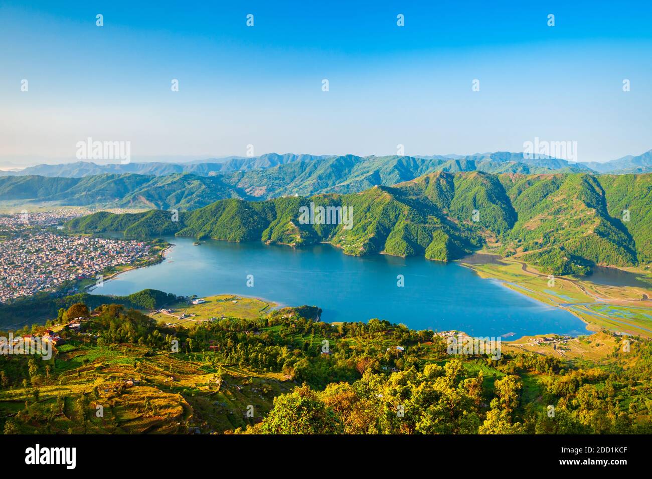 Phewa Lake aerial panoramic view. Phewa Lake or Fewa Tal is a mountain ...