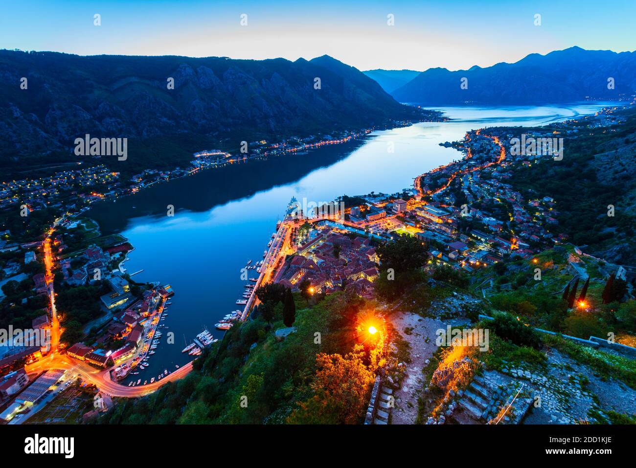 Kotor old town or stari grad aerial panoramic view in Bay of Kotor or ...