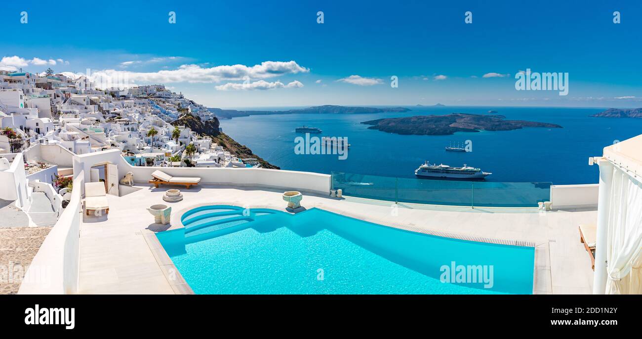 Amazing landscape, infinity pool caldera view Santorini, Greece with ...