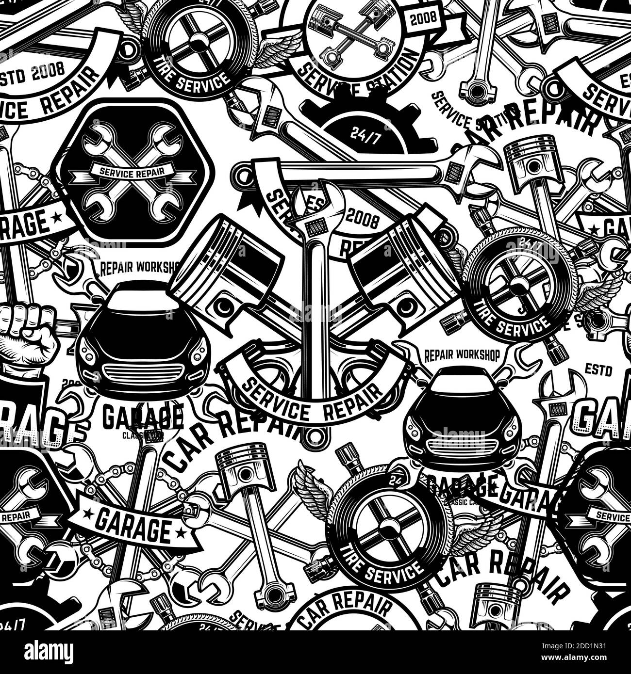 Seamless pattern with auto repair design elements in monochrome style ...