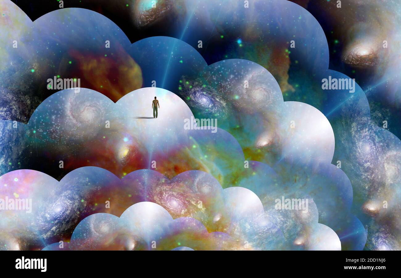 Tiny man in multiverse. 3D rendering Stock Photo - Alamy