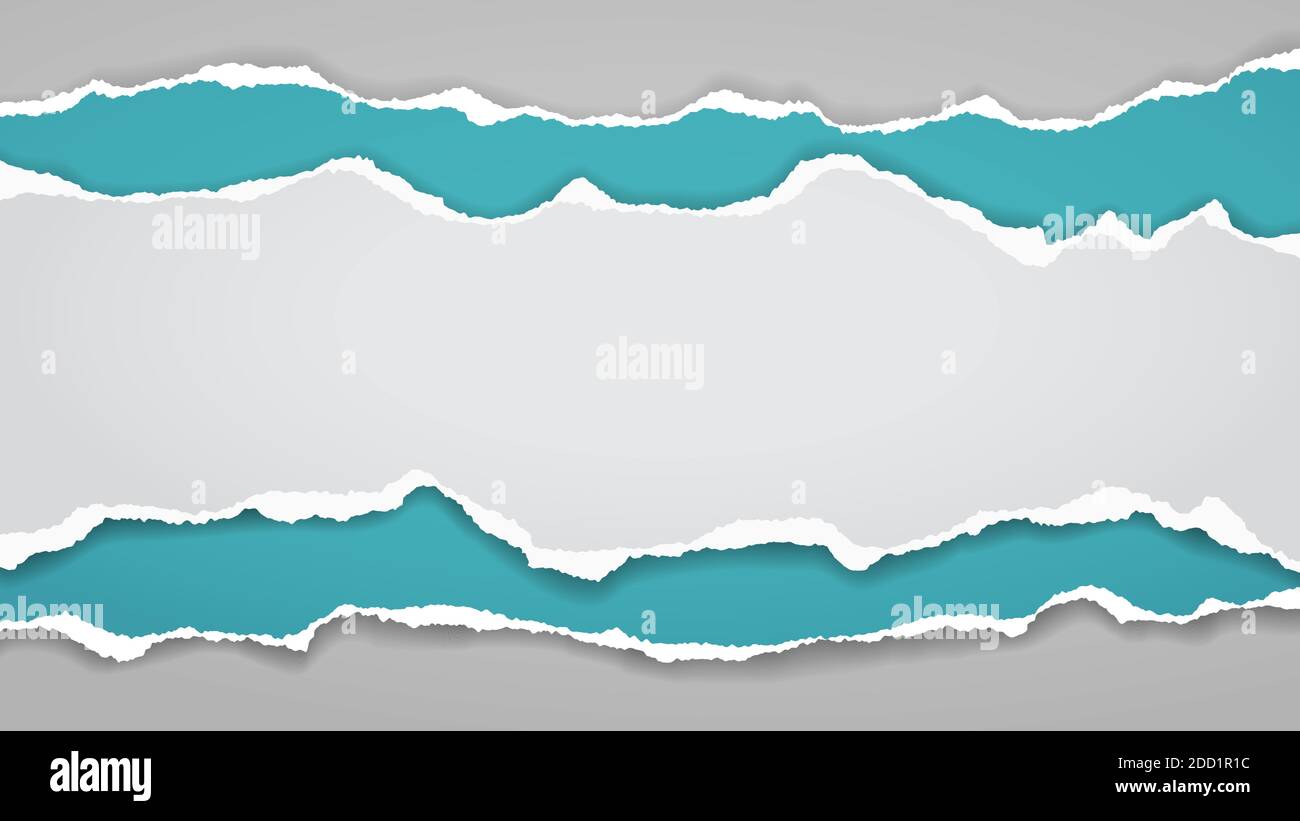 Pieces of torn, ripped turquoise and white paper with soft shadow are ...