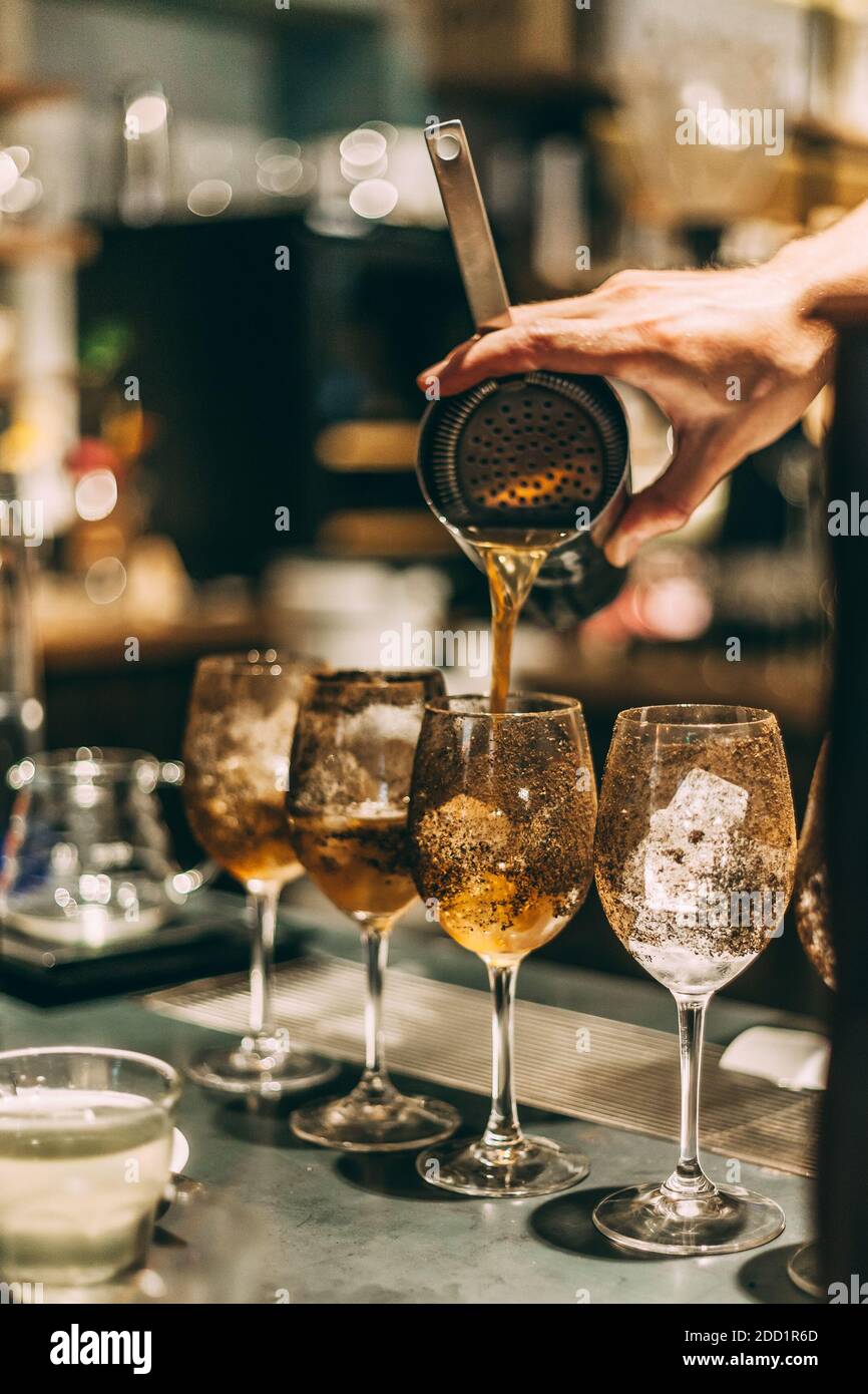The bartender making an alcoholic cocktail, a summer cocktail in the ...