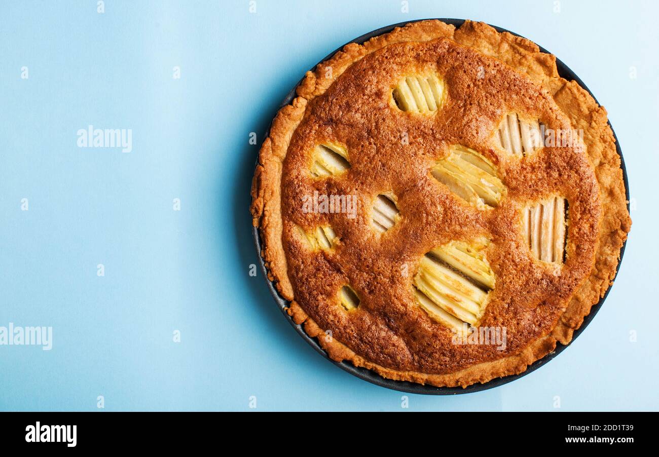 Homemade cake, fruit cake on a blue background. Copy space Stock Photo ...