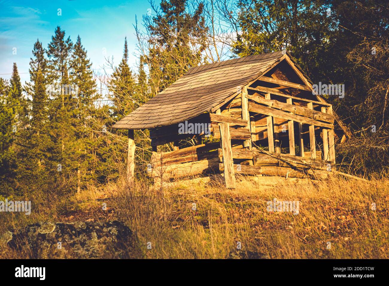 An old shack on rural land is in a state of disrepair, with the ...