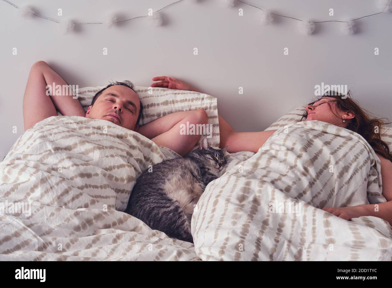 Adult couple sleep with a cat, morning real lifestyle. Not a staged ...