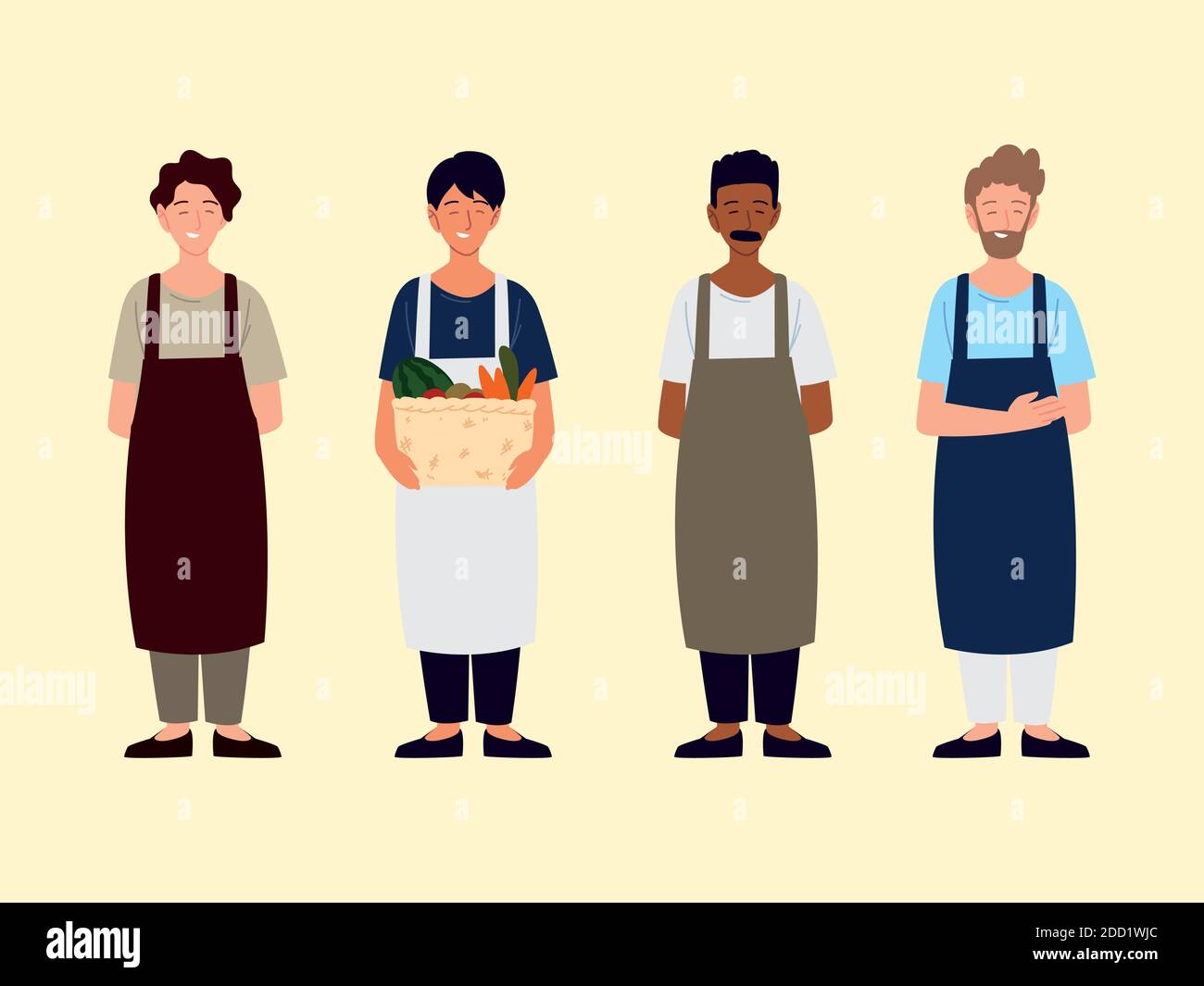 group men wearing apron characters with apron and basket vector ...
