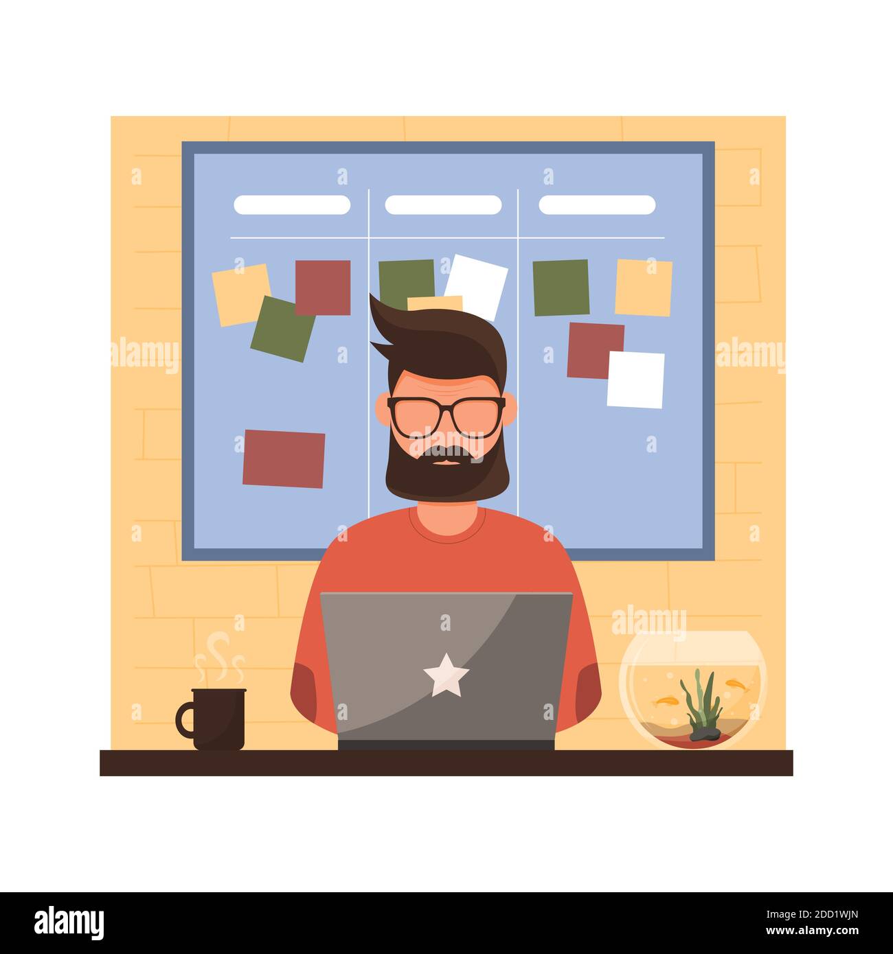 Man working remotely from home. Vector illustration Stock Vector Image ...
