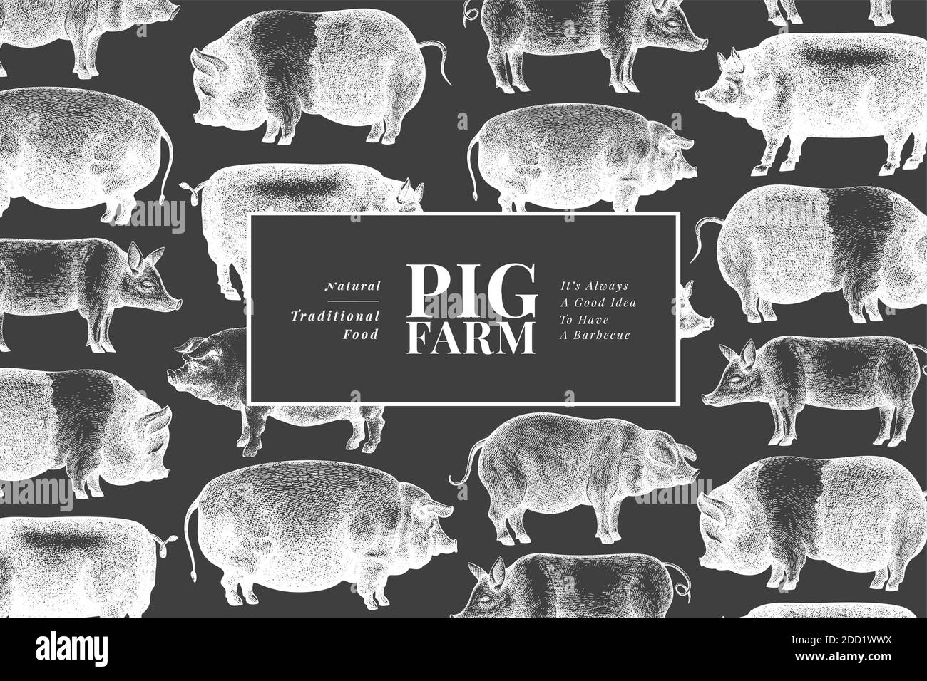 Hand drawn farm animals background. Vector pig design template. Vintage ...
