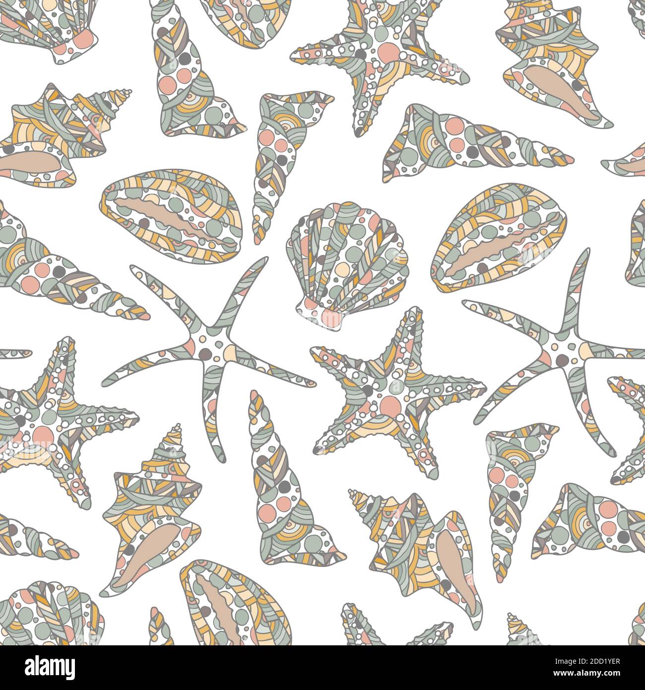 Seamless pattern in zen art style with conch shells and seastars on ...