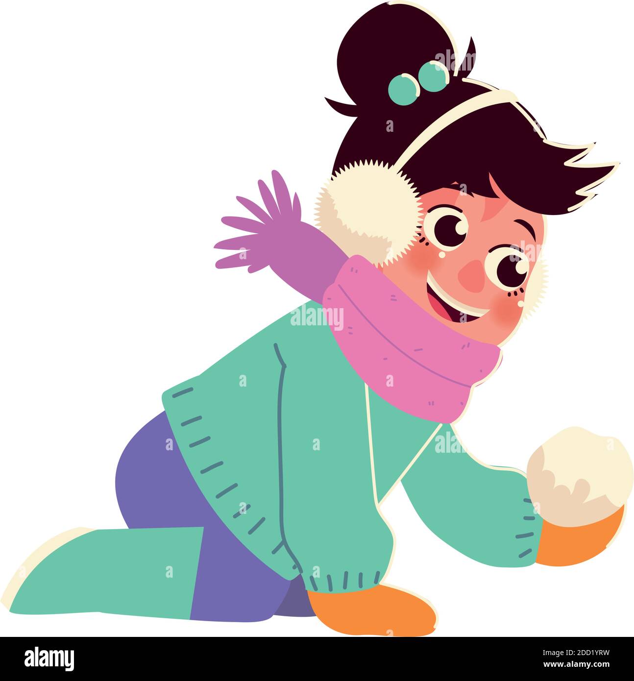 smiling little girl with winter earmuffs and snowball vector ...
