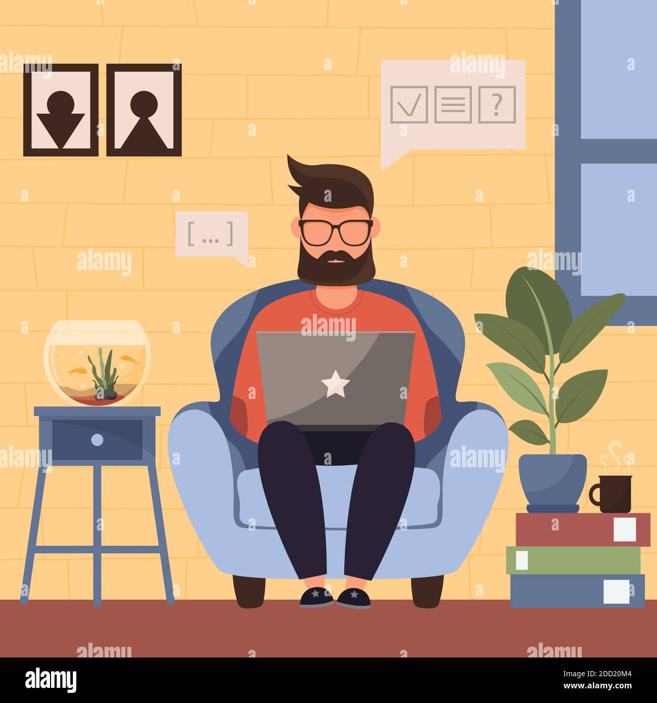 Man working remotely from home. Vector illustration Stock Vector Image ...