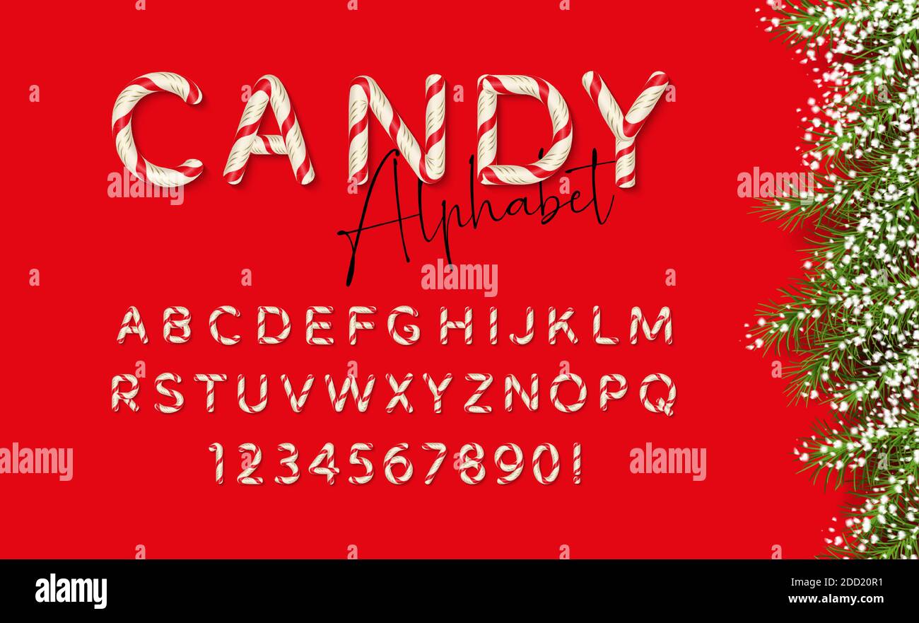Christmas candy font with red and gold stripes. Realistic alphabet with ...