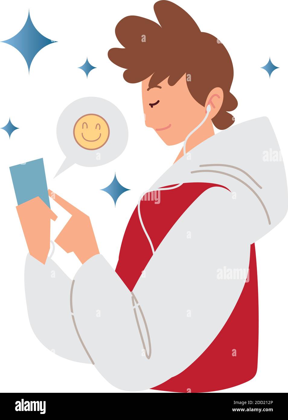 young man with smartphone and headphones send emoji vector illustration ...