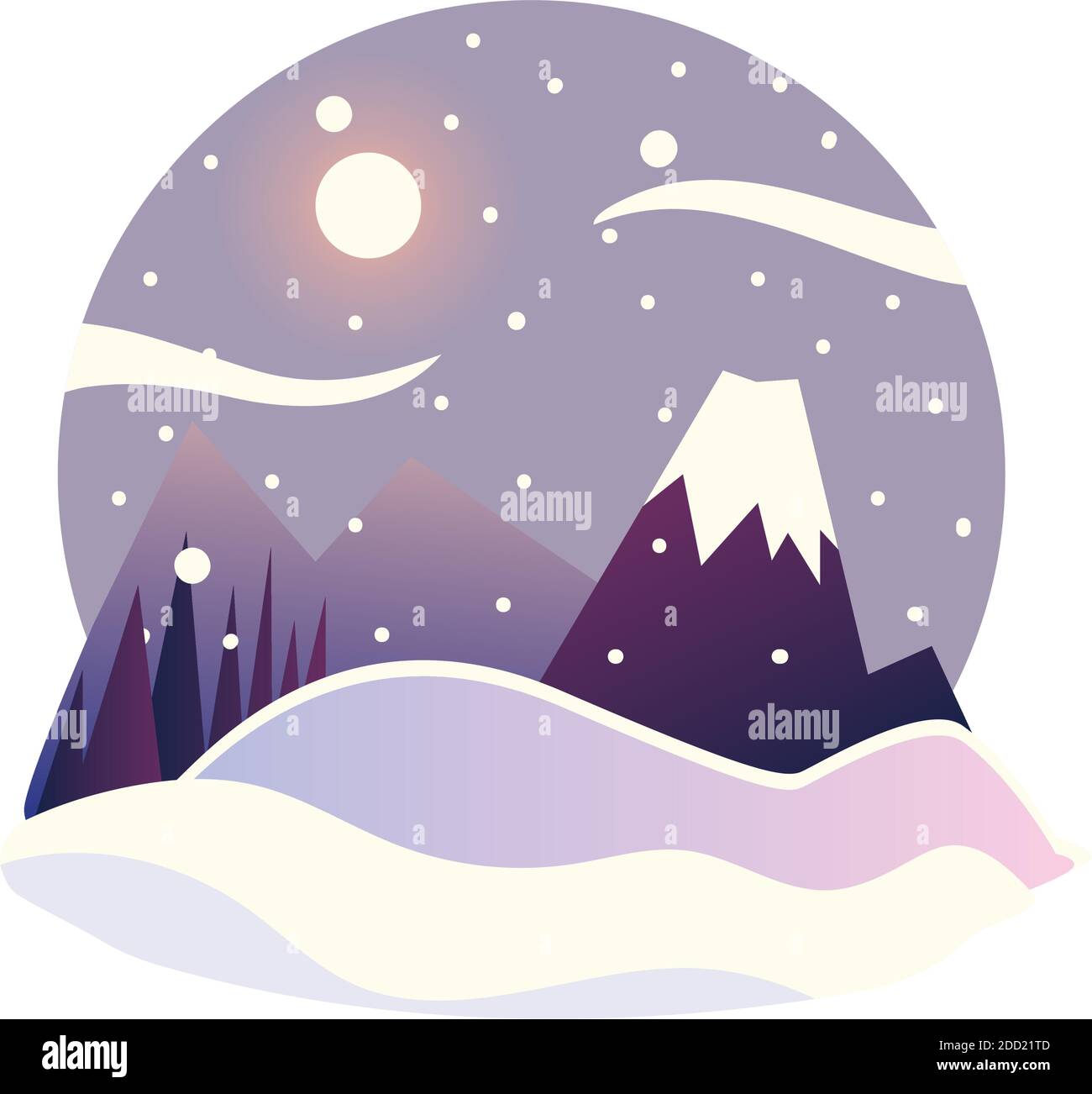 winter landscape mountains snow moon snowfall scene vector illustration ...