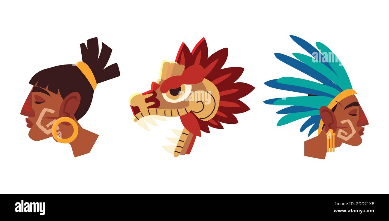 aztec warrior faces traditional headgear feathers and snake icons ...