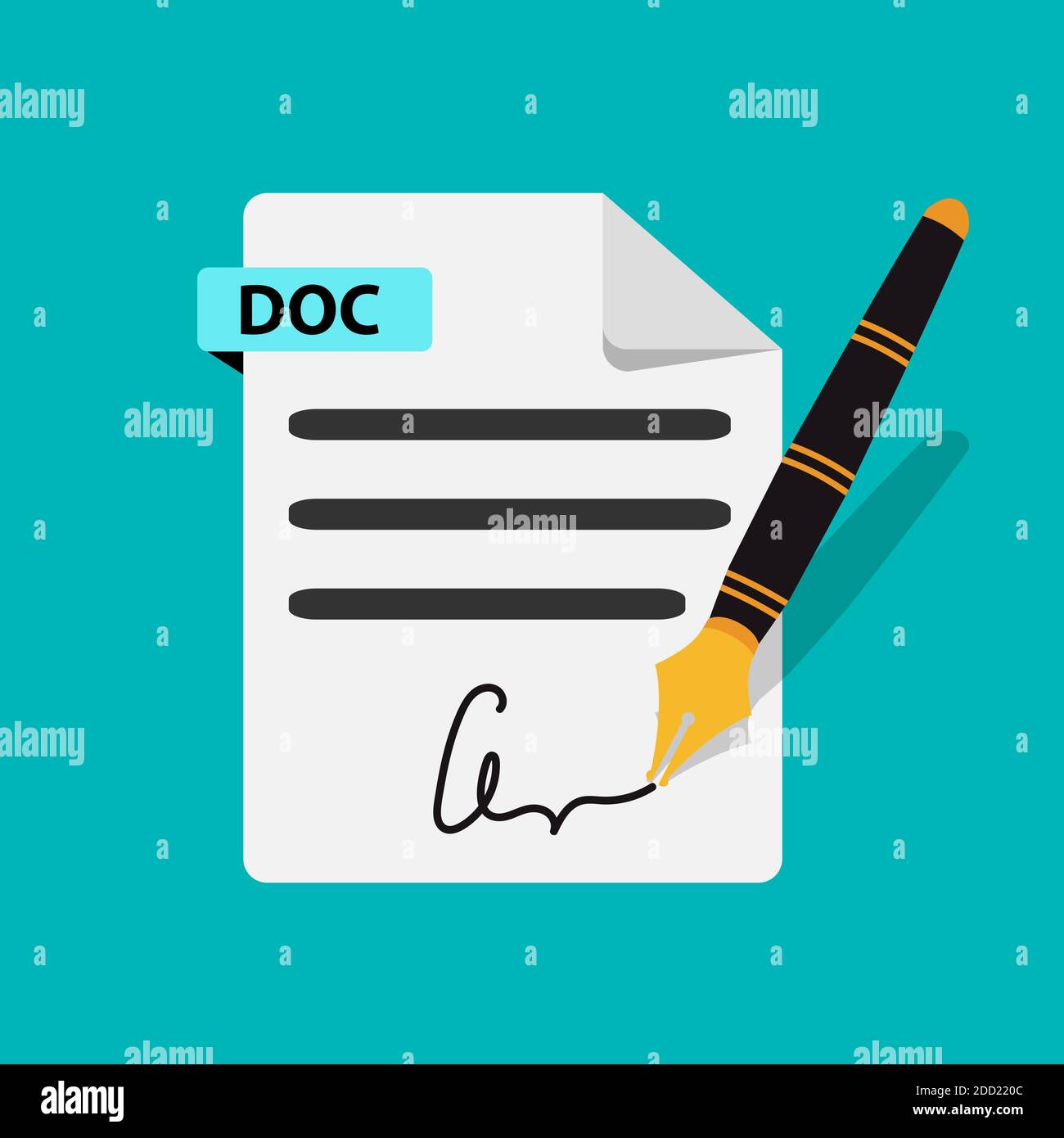 A fountain pen signs the document. A paper sheet with a signature ...