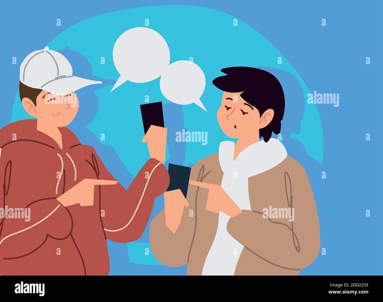 young men using smartphones speech bubble and chatting vector ...