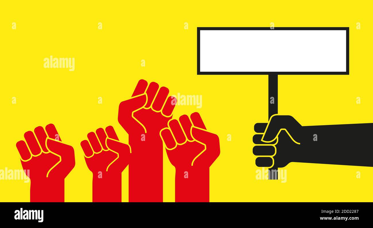 Red protest hands with raised fists. Black hand holding a placard ...