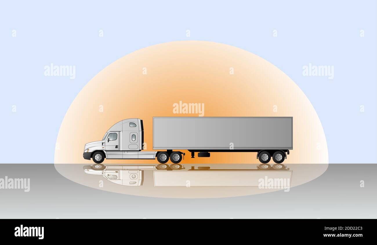 Side view of a modern American truck against a sunrise background ...