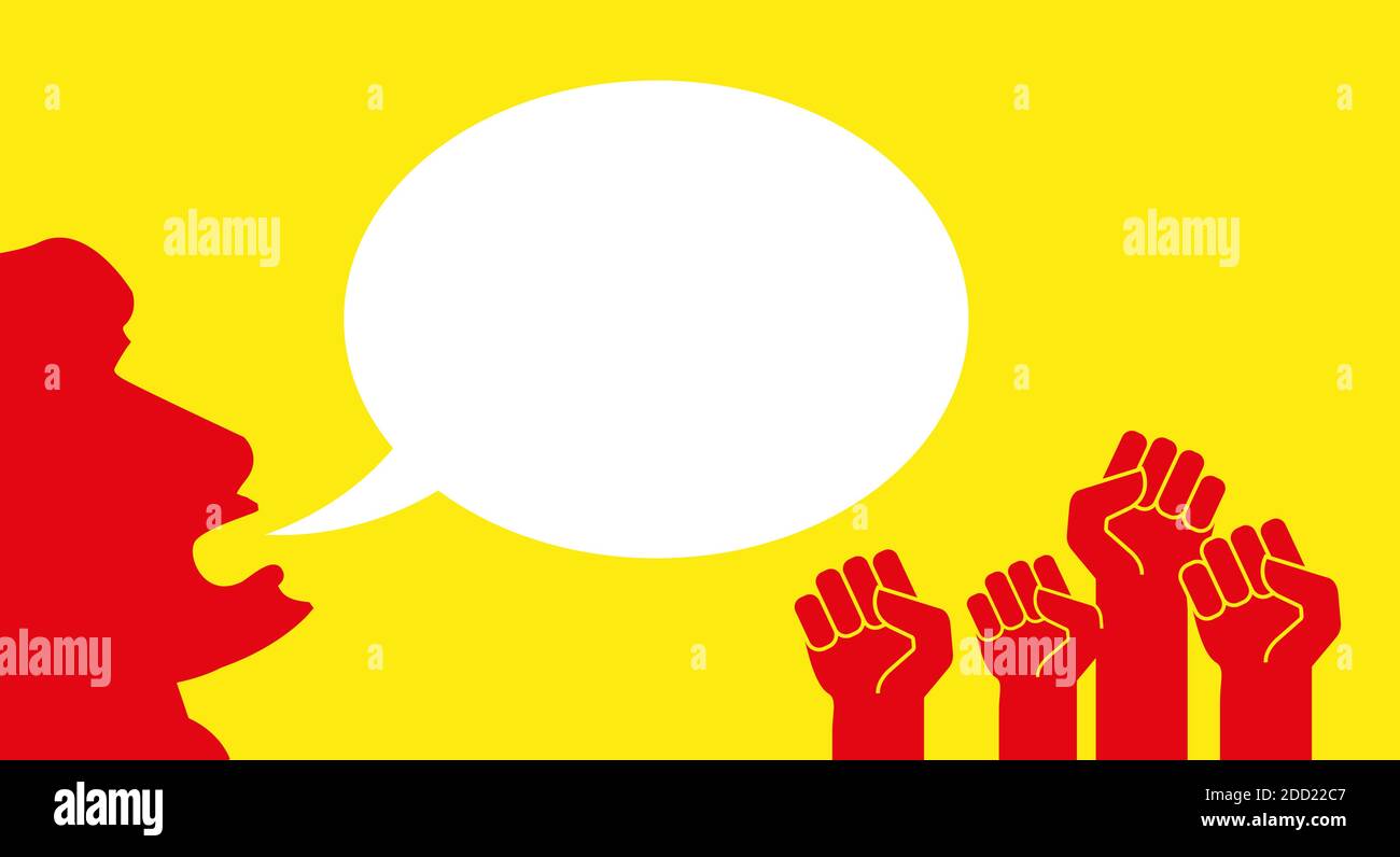 Red protest hands with raised fists. The leader of the rioters says ...