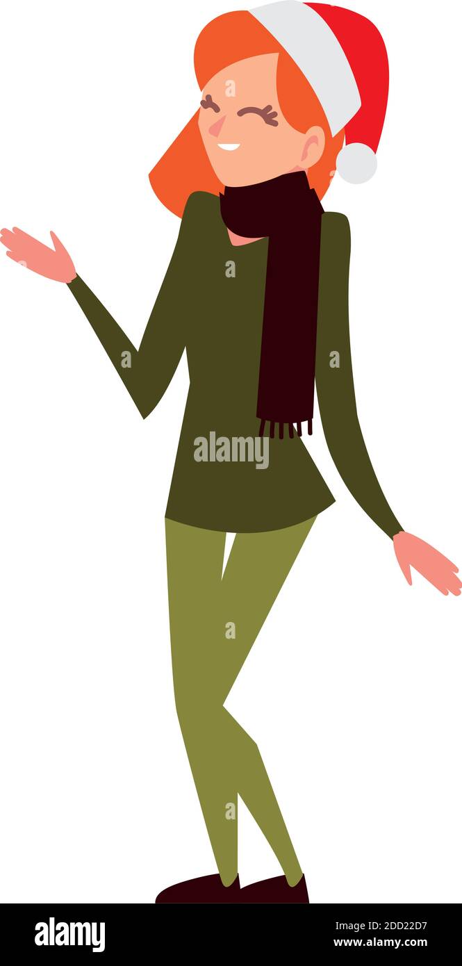 merry christmas woman with santa hat cartoon vector illustration Stock ...