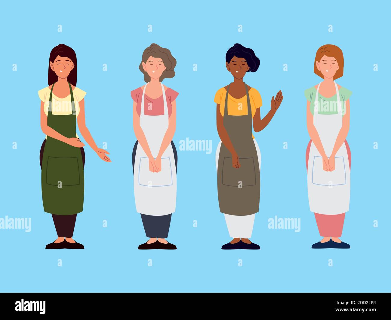 group women wearing apron characters on blue background vector ...