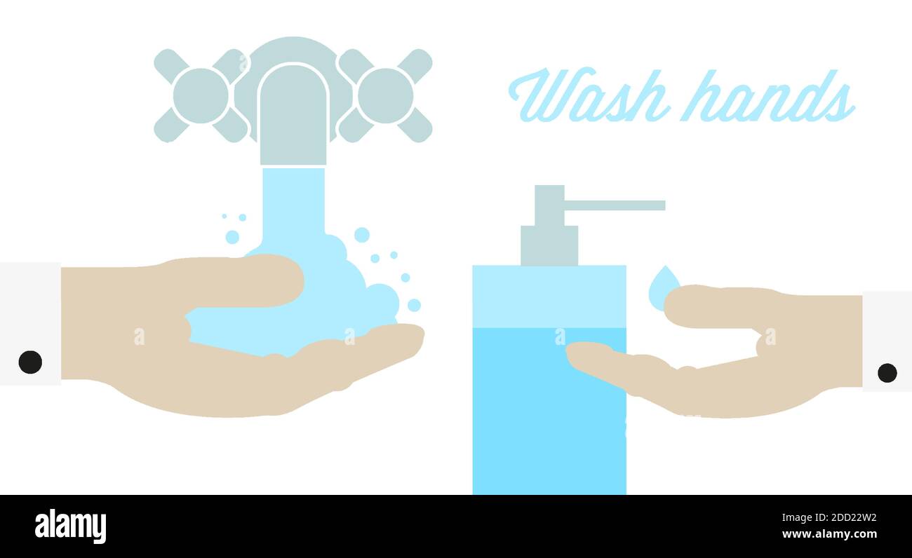 Wash hands. Faucet with water and liquid soap. Flat style vector ...
