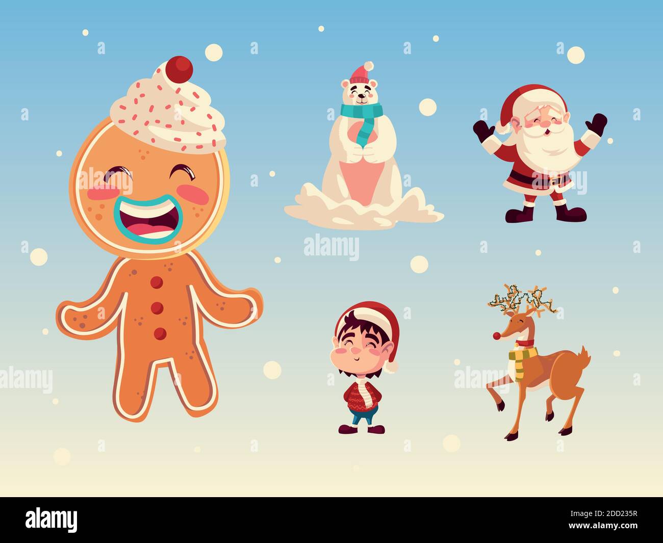christmas santa gingerbread man reindeer bear and girl with snow vector ...