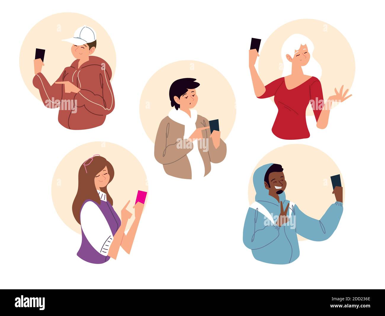 people portrait using smartphone chatting, messaging and calling vector ...