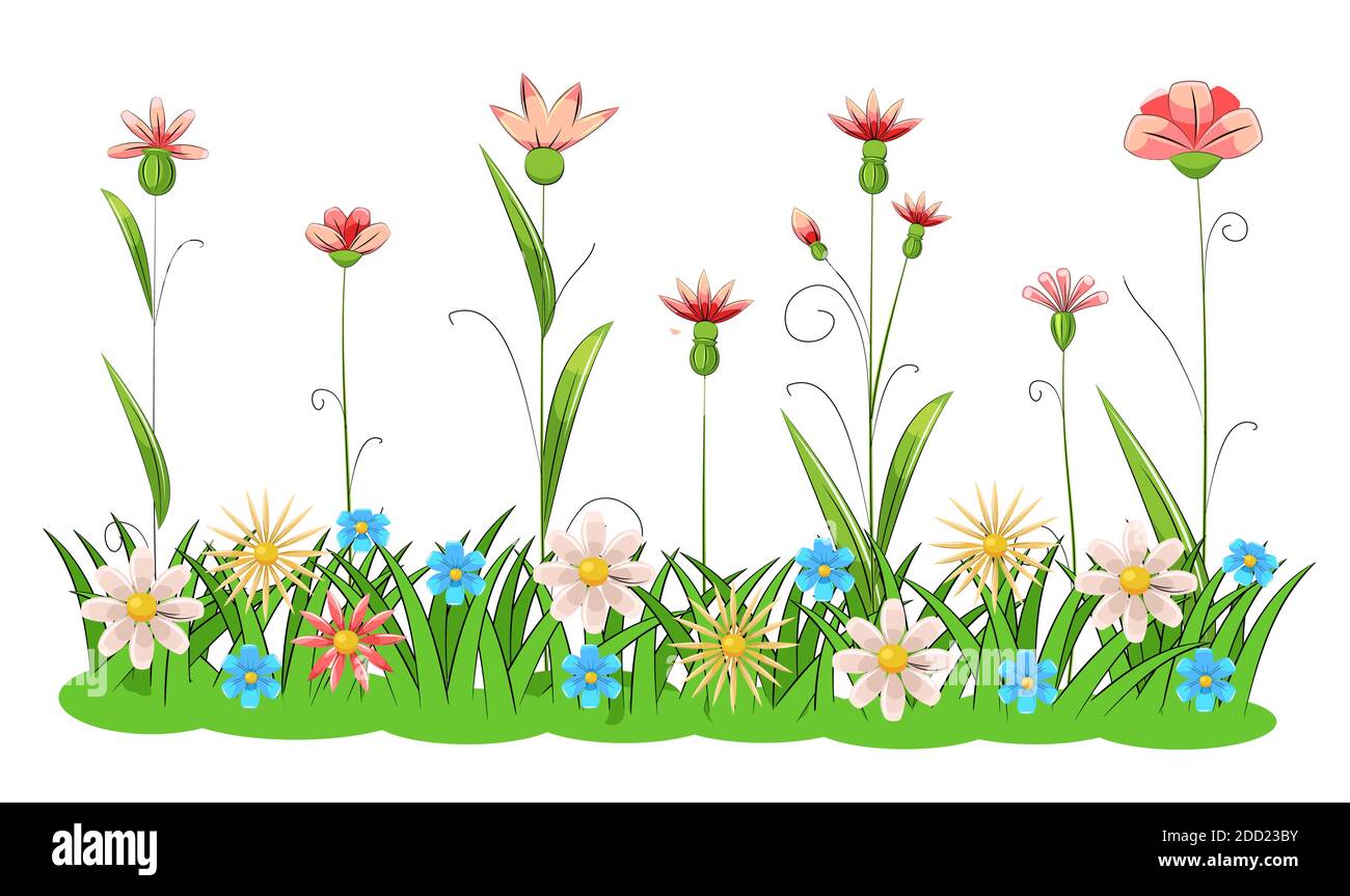 Blooming meadow with grass and flowers. Cartoon just style. Isolated on ...