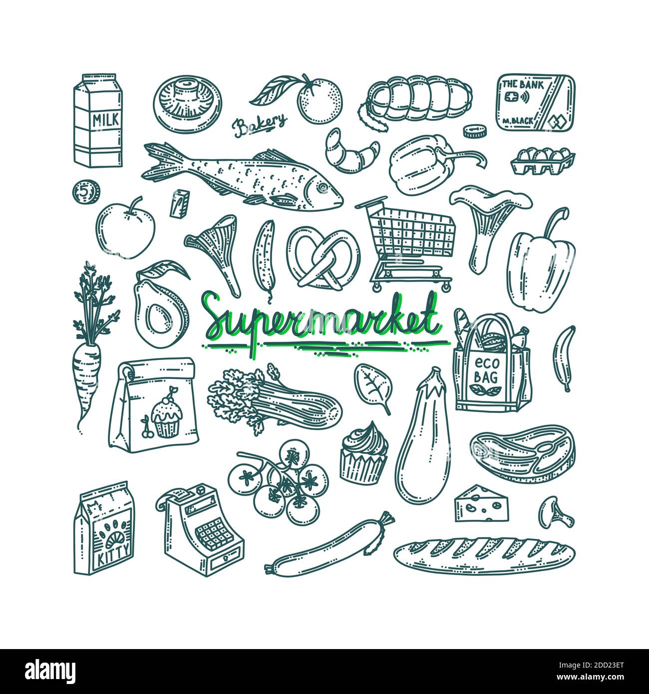 Supermarket grocery doodle set. Grocery outline collection with food ...